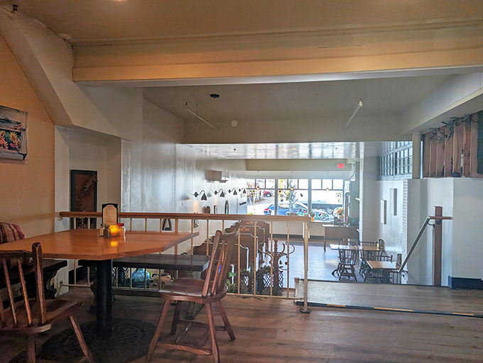 Multi-level dining creates intimate spaces inside, where wooden chairs and simple d&eacute;cor let the food take center stage.