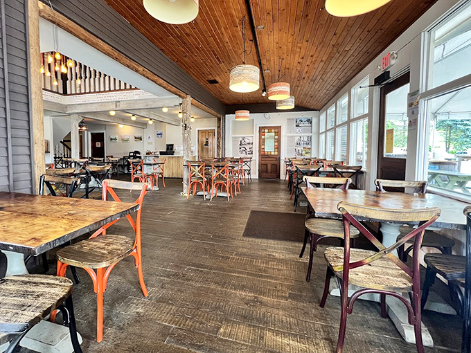 Warm wooden interiors with rustic beams create the perfect backdrop for enjoying Vermont's finest cider treats &ndash; like dining in a delicious time capsule.