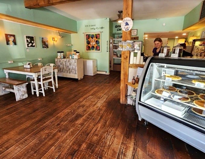 Mint green walls and rustic wooden floors create the perfect backdrop for pie-induced euphoria.