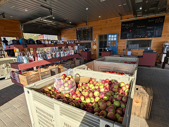 Inside the farm store, wooden crates overflow with freshly picked apples while shelves showcase Vermont's bounty &ndash; a feast for both eyes and appetite.
