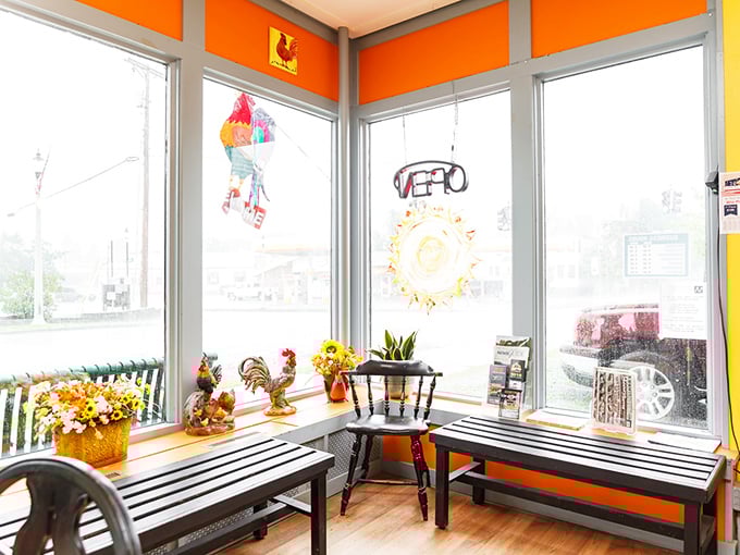 Cheerful orange walls and abundant natural light create the perfect morning mood. It's like sitting inside a sunrise!