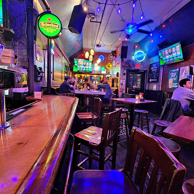 Step inside and the neon glow welcomes you to burger paradise &ndash; where string lights, wooden tables, and decades of good times create the perfect ambiance.