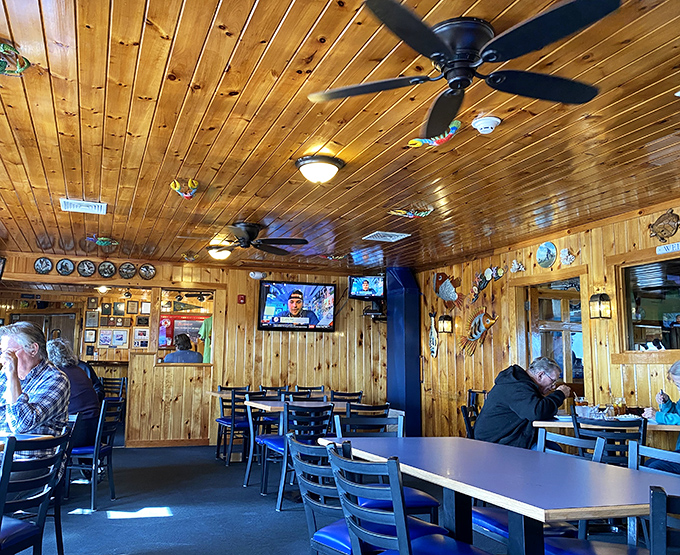 Warm pine paneling and nautical touches create the perfect backdrop for seafood feasting &ndash; like dining in a ship captain's cozy quarters.