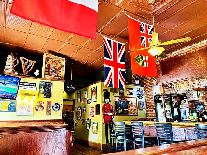 Flags from across the British Isles hang proudly above the bar, creating an authentic pub atmosphere that transports you straight to the UK.