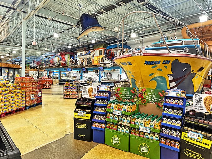 Not your average supermarket interior &ndash; boats, planes, and automobiles hang from ceilings while shoppers navigate this culinary amusement park.