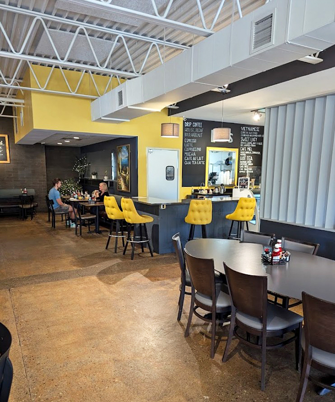 Step inside and feast your eyes on a color scheme that's brighter than your future after that first sip of coffee.