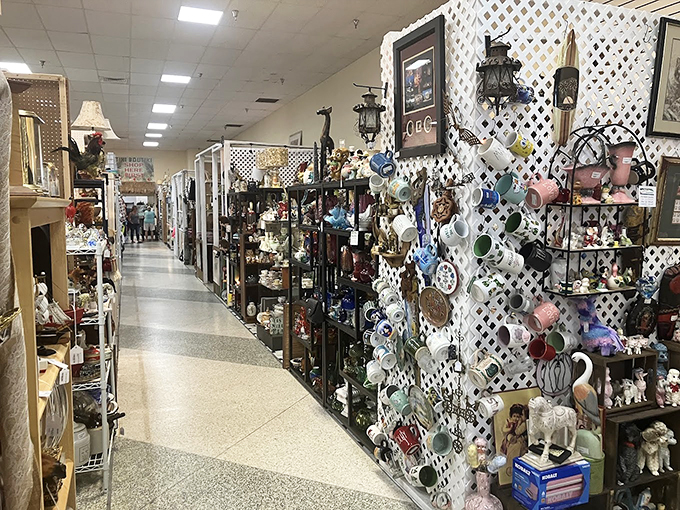 White lattice walls create a maze of memories, where coffee mugs hang like ceramic medals and collectibles compete for attention.