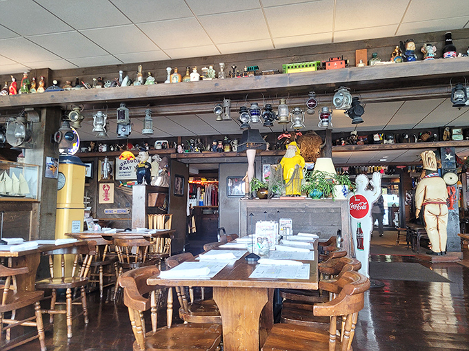 Knickknack heaven! The dining room feels like your eccentric seafaring uncle's trophy room, if your uncle had impeccable taste in collectibles.