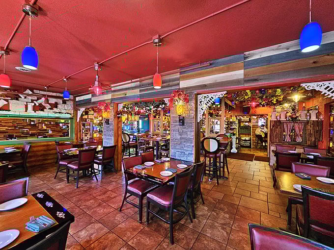 Step inside and be transported to an Italian trattoria, where colorful pendant lights and rustic wood create the perfect pasta-eating atmosphere.