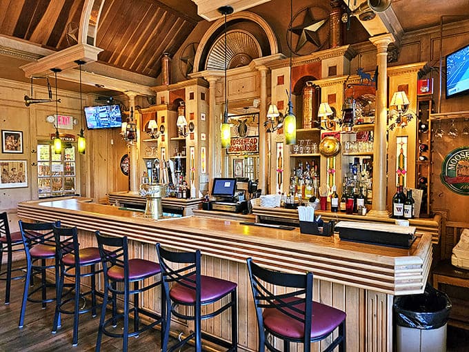 Bar perfection! This isn't just woodwork, it's a love letter to craftsmanship where every drink comes with a side of rustic elegance.