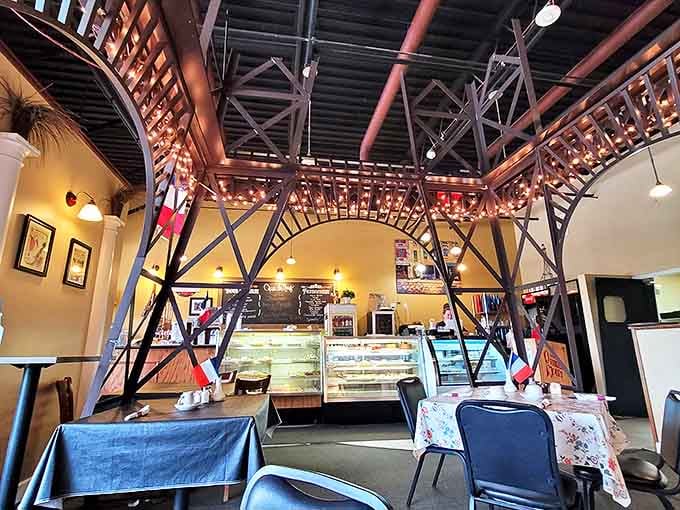 Step inside and be transported to Paris under the restaurant's showstopping Eiffel Tower replica, complete with twinkling lights and French flags.