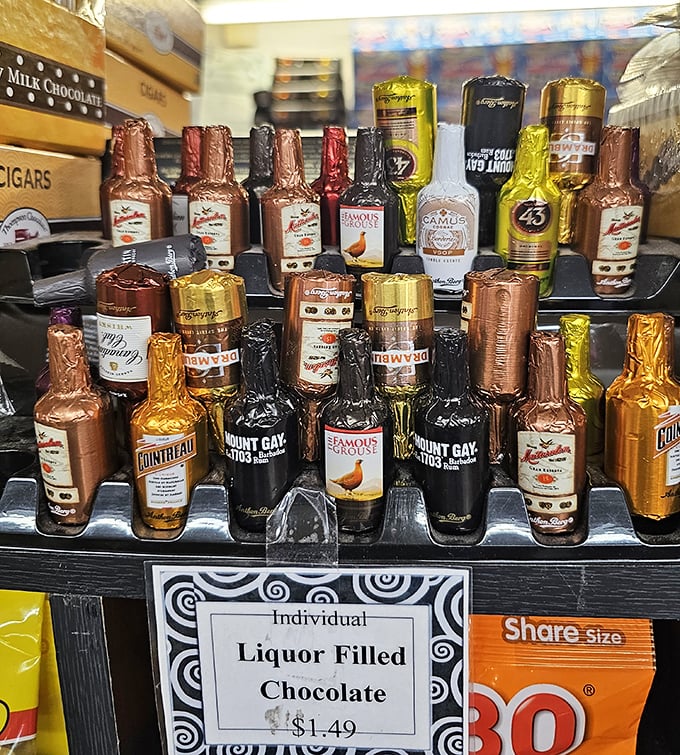 Tiny chocolate liquor bottles line up like an adult's dream playground &ndash; all the fun of spirits with the joy of chocolate.
