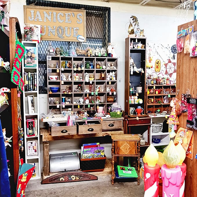 Janice's Unique booth is like your eccentric aunt's attic, if your aunt collected everything from ceramic figurines to vintage board games.