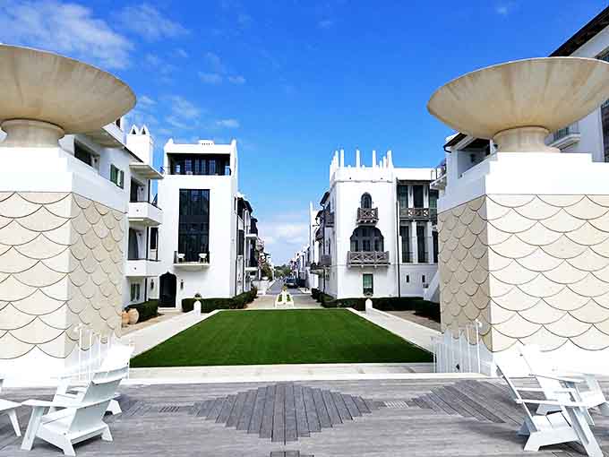 White architecture: Pristine buildings create a stunning visual symphony, their crisp lines and curves playing beautifully against the vibrant blue Florida sky.