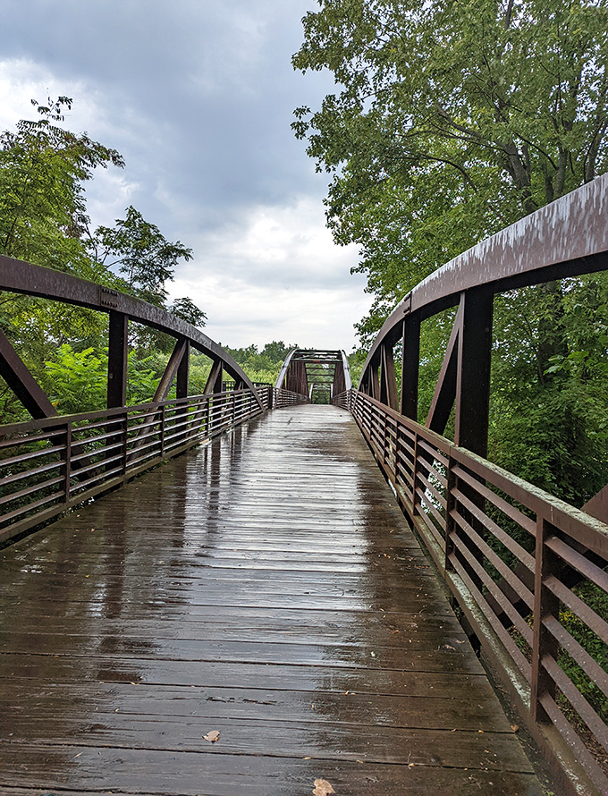 This wooden pedestrian bridge connects sections of the trail, inviting adventurers to cross while soaking in the surrounding natural beauty.