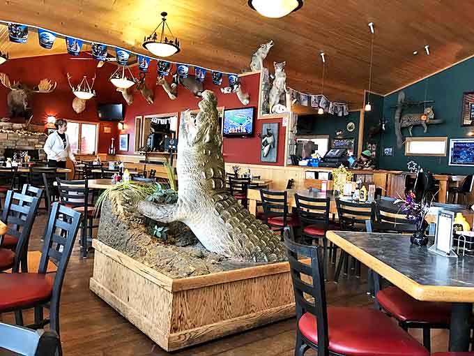 Step inside and you're greeted by a taxidermy wonderland – that alligator centerpiece isn't just decoration, it's practically the restaurant's mascot!