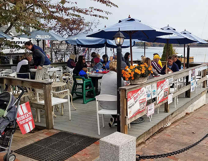 Diners savor their treasures on the waterfront deck, where every table comes with a side of spectacular Sheepscot River views.