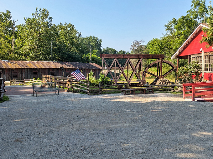 A slice of Americana: The historic waterwheel and wooden framework showcase engineering that's stood the test of time.