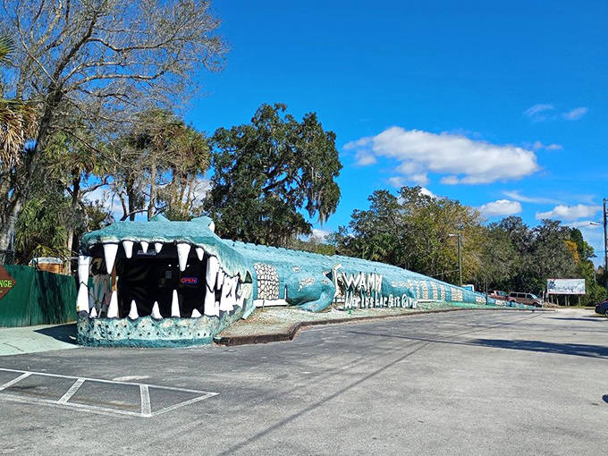 Jaws of wonder! The World's Largest Gator Statue in Christmas, Florida stretches an impressive 200 feet, with visitors literally walking through its massive mouth.