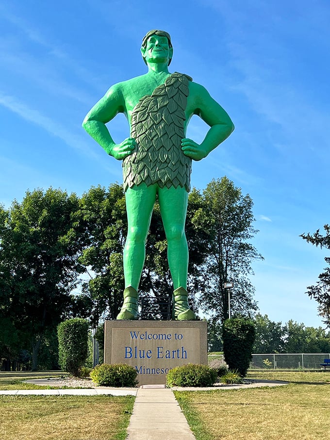Talk about a growth spurt! This jolly giant's got a bird's eye view of the heartland's golden fields.