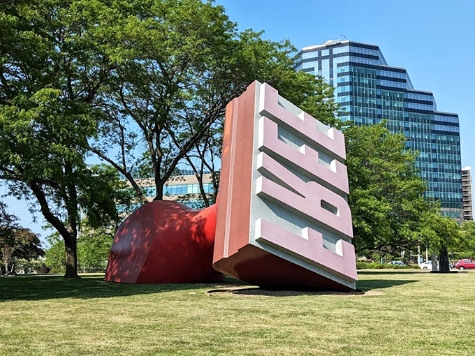 Ever feel like you need the universe's approval? Look no further than Cleveland's giant "FREE" stamp. This tilted titan of office supplies seems ready to approve... well, everything. It's like the world's most enthusiastic bureaucrat left their stamp and went on permanent vacation.