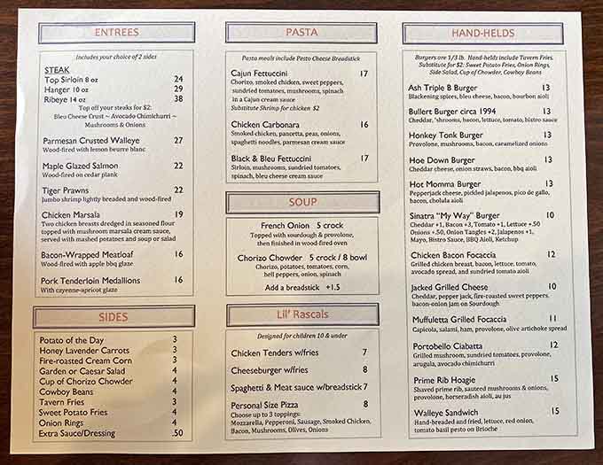 The menu reads like a love letter to comfort food, featuring everything from wood-fired pizzas to juicy steaks and creative burgers.