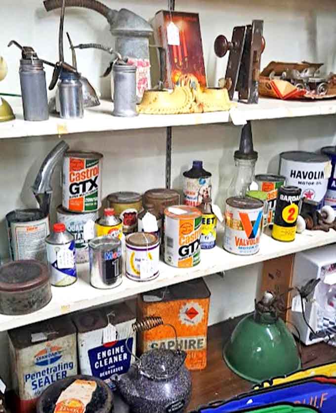 Vintage oil cans and automotive supplies that would make any car enthusiast weak in the knees – when packaging was an art form unto itself.