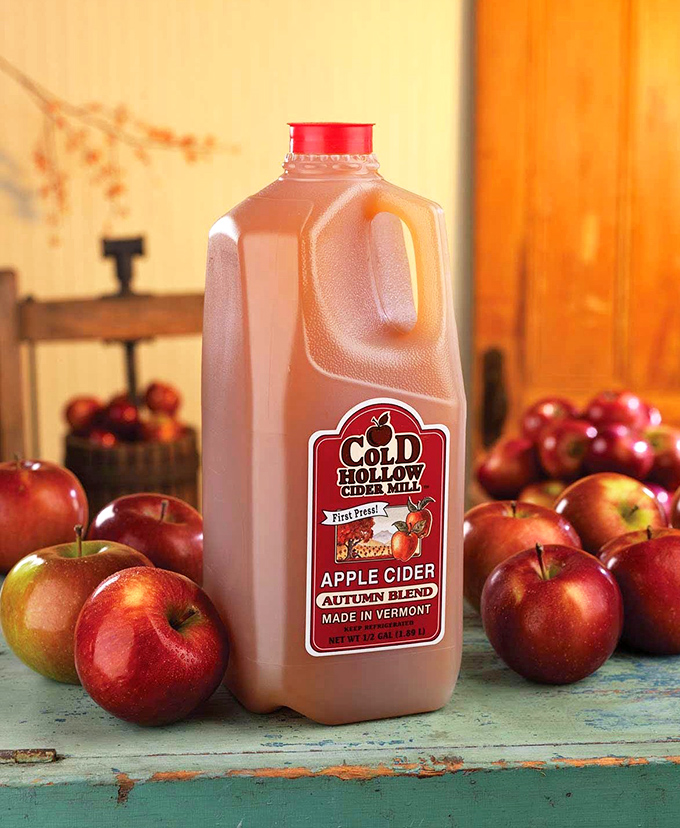 Liquid gold in a jug &ndash; Cold Hollow's fresh-pressed apple cider captures autumn in liquid form, surrounded by the very apples that sacrificed themselves for your enjoyment.