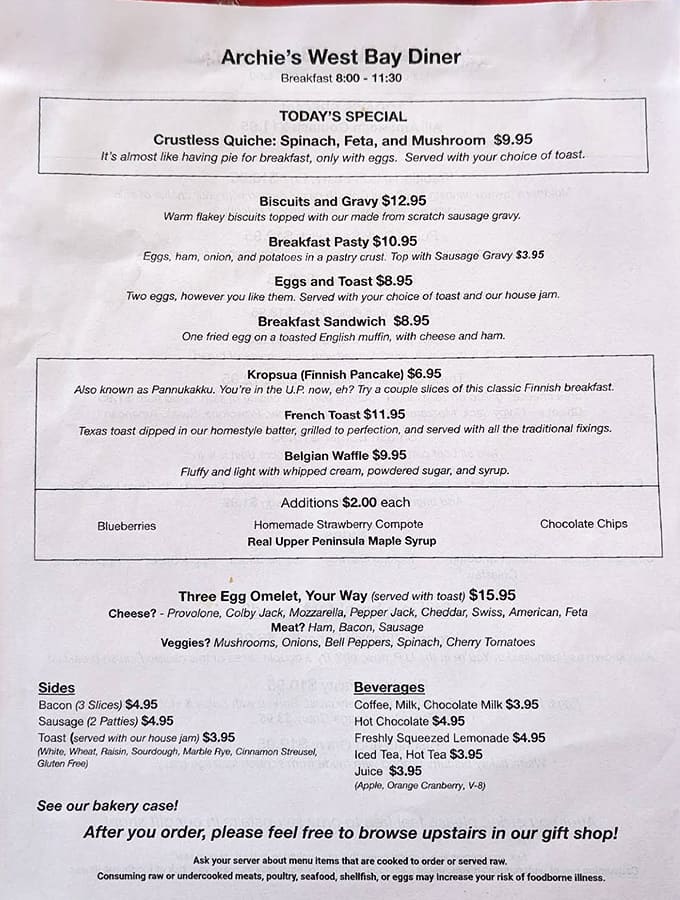 This menu proves that sometimes the best decisions in life involve choosing between Belgian waffles and Finnish pancakes for breakfast.