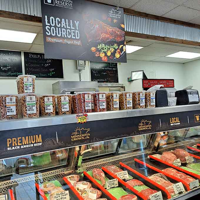 Those packages lined up like edible soldiers represent locally sourced premium beef, ready to go home with you or get transformed into smoky perfection.