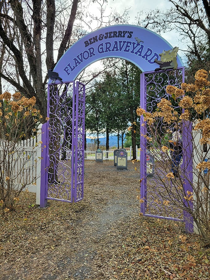 The whimsical purple gates of Ben & Jerry's Flavor Graveyard, where discontinued ice creams receive proper memorial tributes.