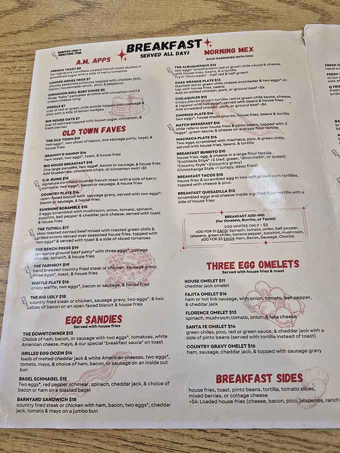 The menu reads like a love letter to breakfast, with chilaquiles taking center stage as the undisputed champion.