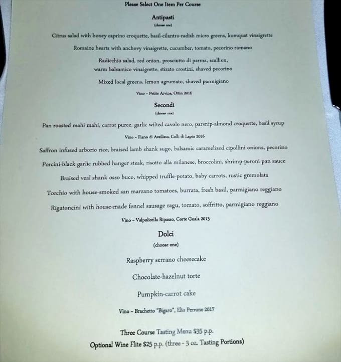 This tasting menu reads like a love letter to Italian cuisine, featuring everything from pan-roasted mahi to braised veal shank.