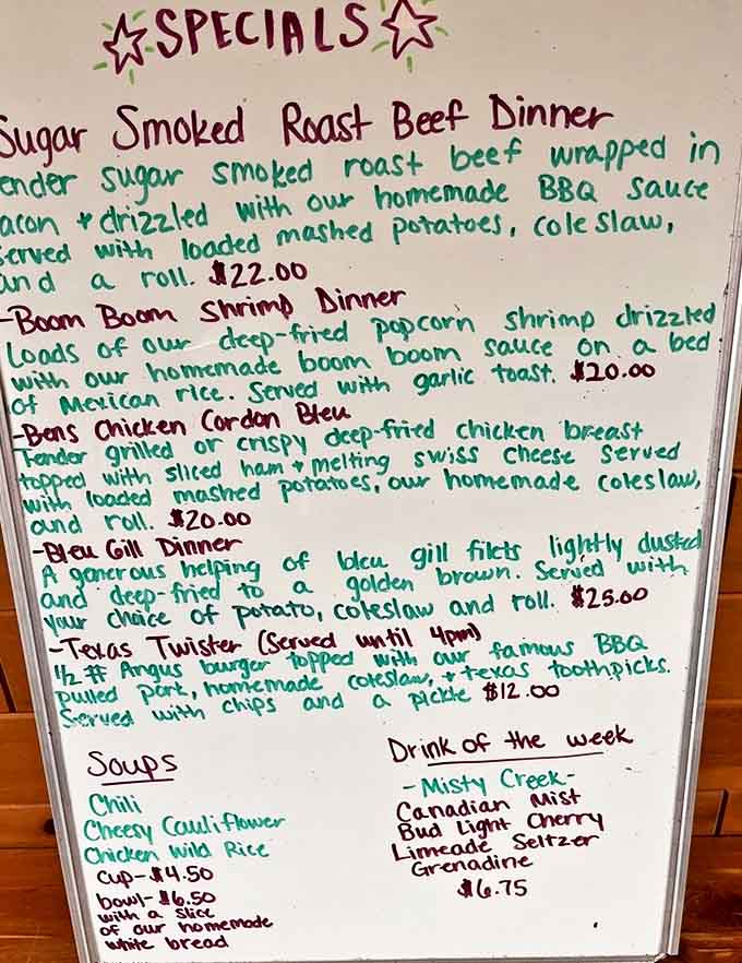 The specials board tempts with house favorites like Sugar Smoked Roast Beef and Boom Boom Shrimp &ndash; comfort food elevated through careful preparation and quality ingredients.