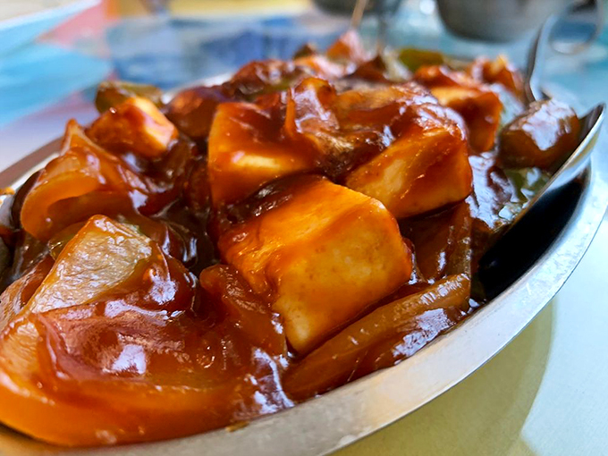 Cubes of paneer swimming in a sea of tangy sauce. It's like a spicy cheese party, and your fork is the VIP guest!