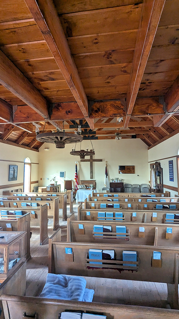Simple wooden pews and rustic beams tell stories of frontier faith – where miners sought Sunday solace from their grueling weekday pursuits.