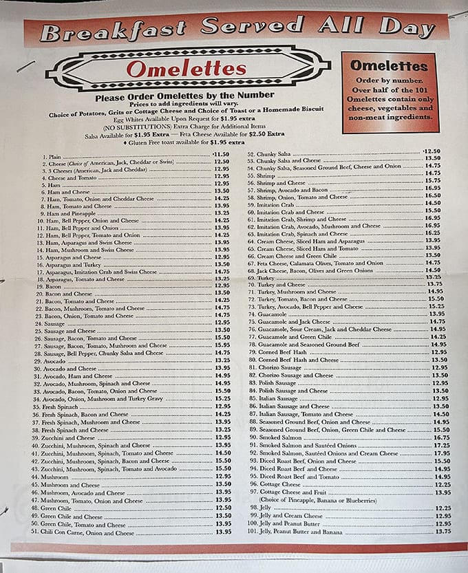 This menu requires commitment, featuring more omelet options than most people have life decisions, each one numbered for your convenience.