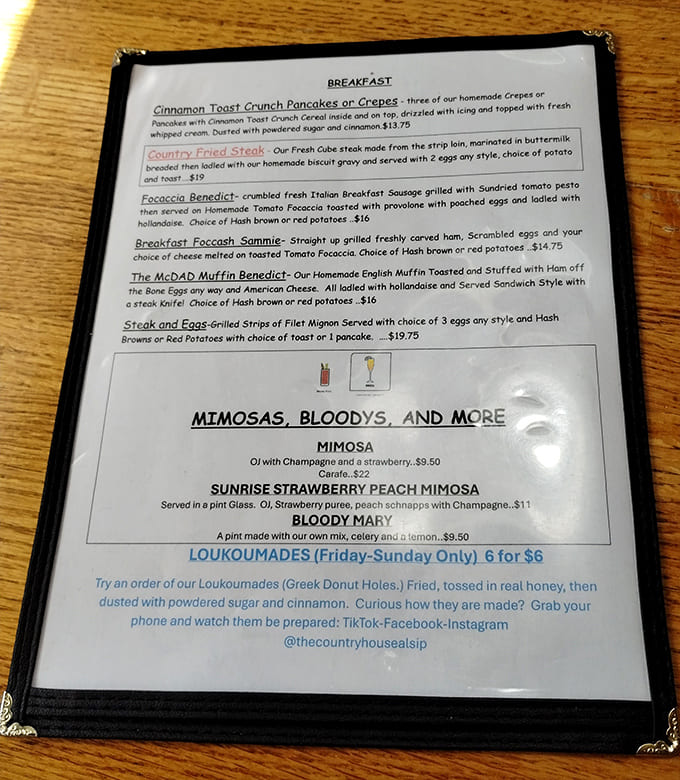 This menu reads like a love letter to breakfast, with enough pancake variations to keep you coming back for months.