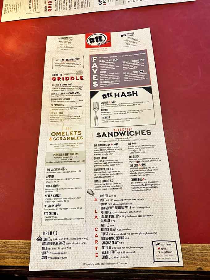 The menu at DK Diner reads like a love letter to breakfast enthusiasts, with options ranging from traditional favorites to donut-based revelations.