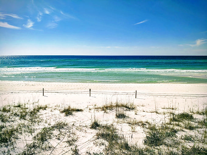 The meeting point of sugar-white sand and crystal-clear Gulf waters creates a scene so perfect it looks Photoshopped.