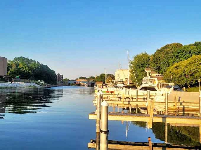 Boats rest peacefully in their slips, a testament to Manistee's maritime heritage and the simple joy of life on Michigan's waters.