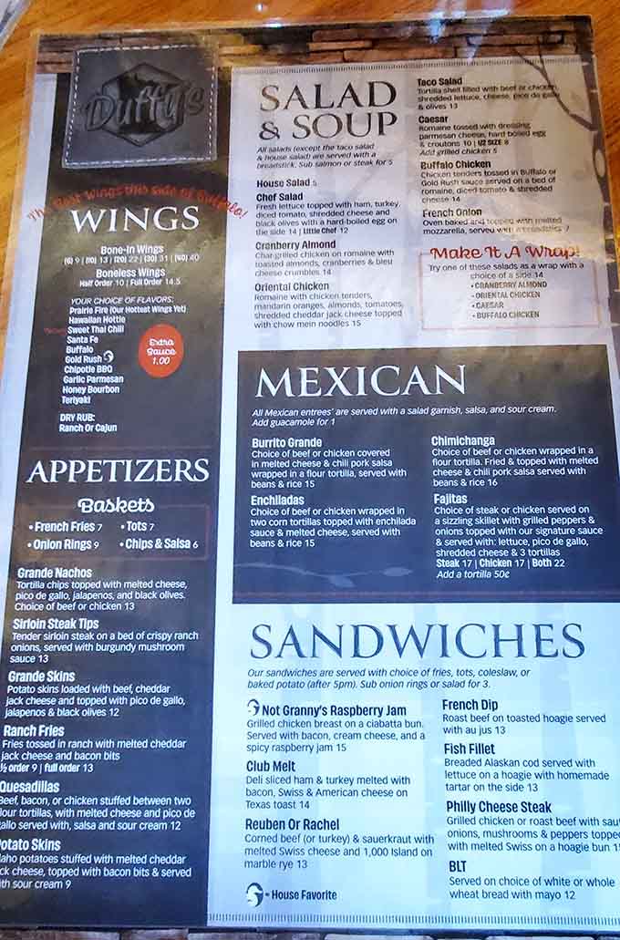This menu reads like a greatest hits album of comfort food, with burgers taking center stage alongside wings, nachos, and sandwiches.