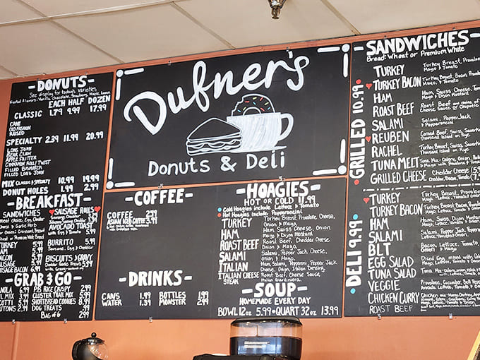 The extensive chalkboard menu showcases everything from breakfast classics to specialty sandwiches that'll make your mouth water.