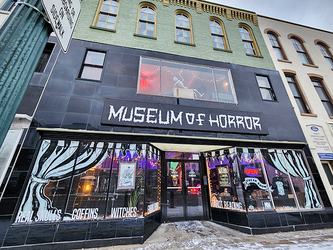 By night, the museum's eerie blue glow transforms the building into something otherworldly, with skeletal guardians watching from above.