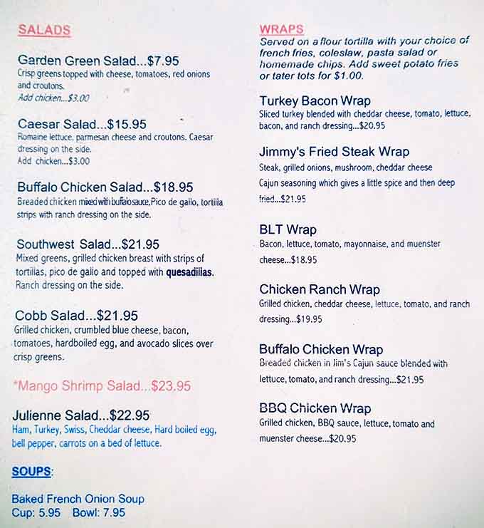 A menu that reads like comfort food poetry&mdash;where Buffalo Chicken Salad and Jimmy's Fried Steak Wrap aren't just meals, they're Friday night salvation.