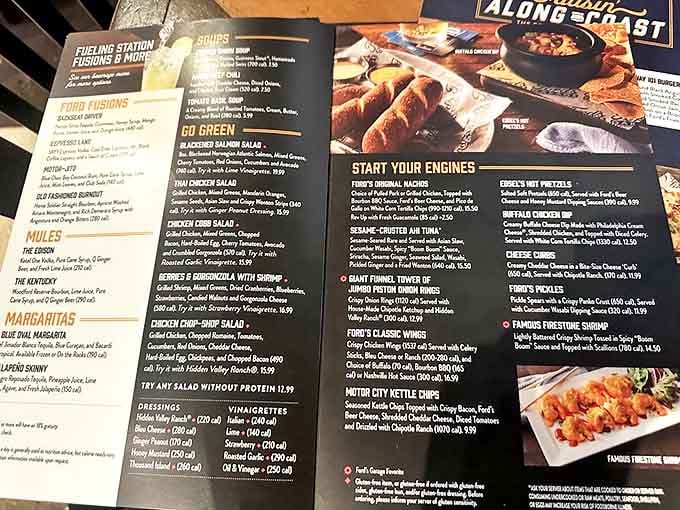 The menu reads like a road map to comfort food paradise, with clever automotive-themed sections guiding hungry travelers to their next culinary destination.