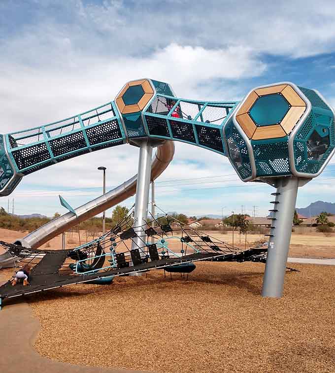 The futuristic structure rises from the desert like a friendly alien spacecraft that decided to stay and entertain Earth children.