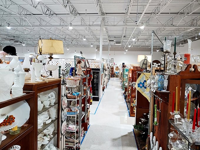 Milk glass and vintage lamps create an elegant display that would make any mid-century modern enthusiast weak in the knees.