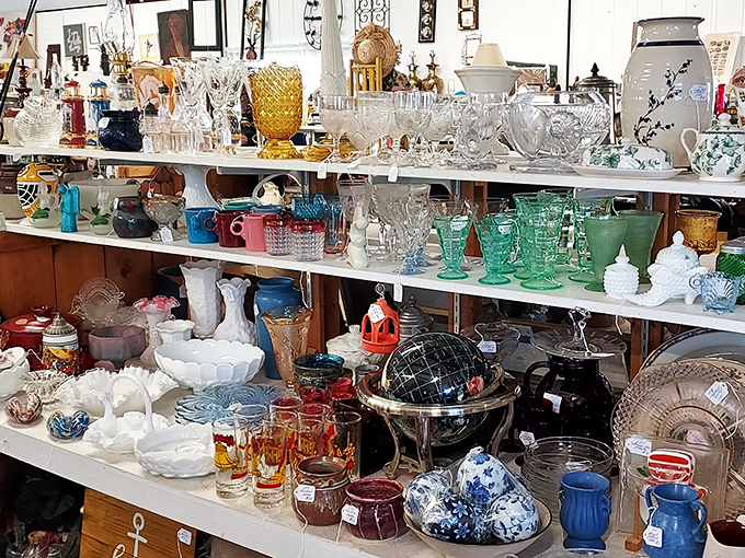 Crystal and colored glass catch the light like a kaleidoscope of memories, each piece telling its own story.