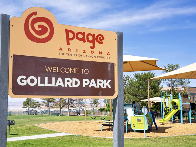 Where desert meets playground: Golliard Park offers a slice of green serenity amid Page's stunning red rock backdrop.
